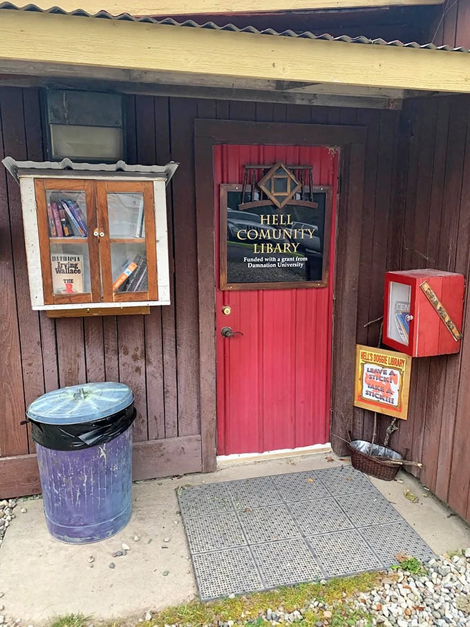 The community library's exterior showcases Hell's commitment to education and reading, proving even sinners deserve good literature and knowledge.