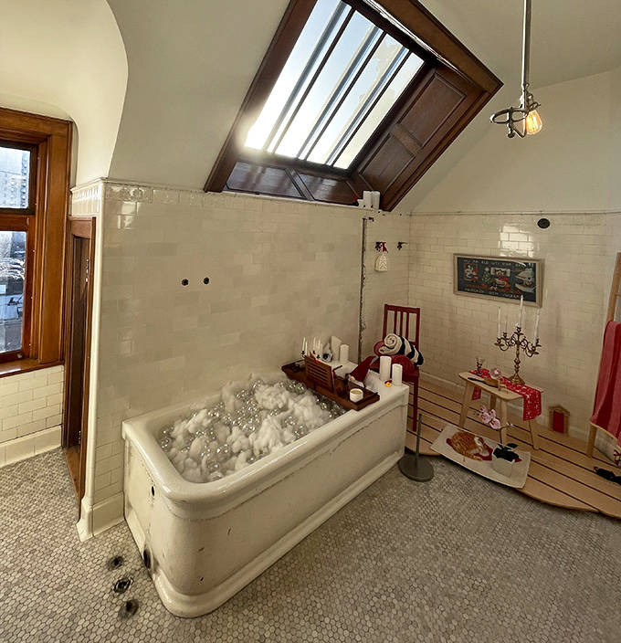Even the bathroom at the American Swedish Institute is an experience &ndash; this vintage tub filled with bubbles looks ready for a 19th-century spa day.