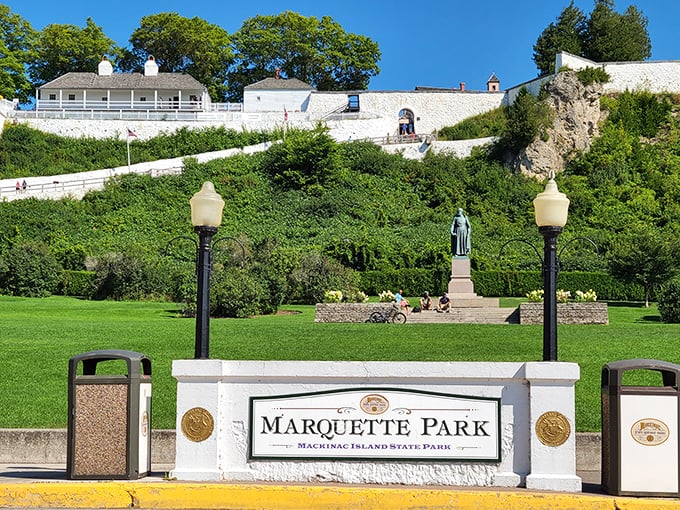 Marquette Park provides a green oasis beneath Fort Mackinac's watchful eye, where history and natural beauty converge in perfect Michigan harmony.