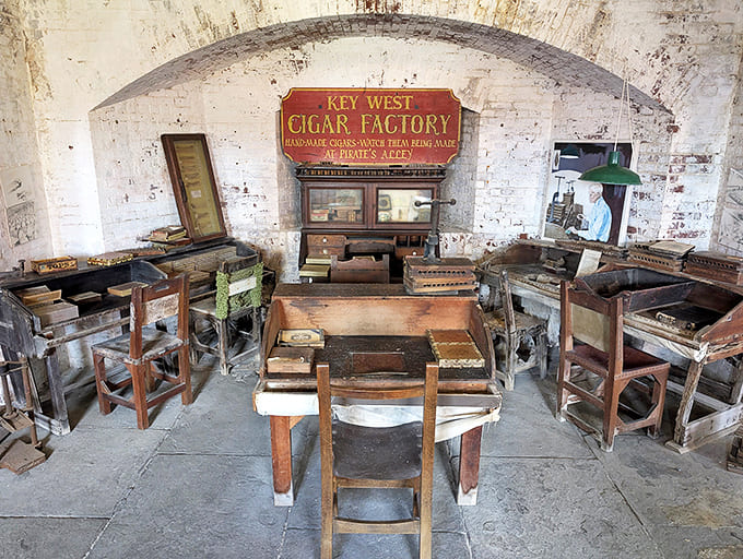 The museum's collection includes this authentic Key West cigar factory setup, a reminder of the island's industrial past before tourism took center stage.