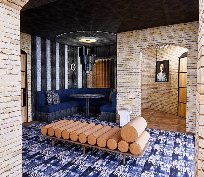 Contemporary design elements breathe new life into historic spaces, with clean lines and bold blue seating creating an unexpected oasis.