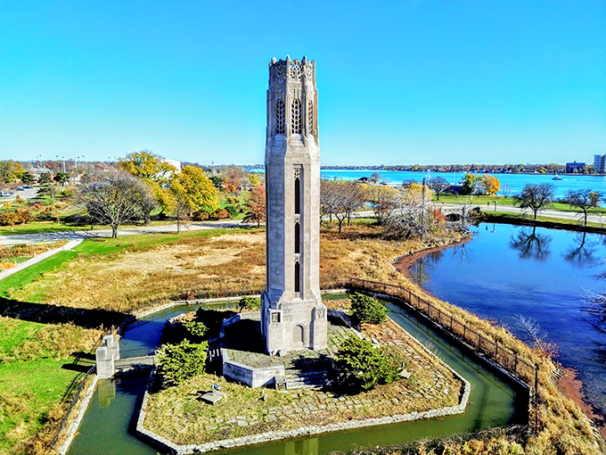 The Nancy Brown Peace Carillon tower stands sentinel on Belle Isle, its limestone presence a reminder of quieter times amid Detroit's urban symphony.