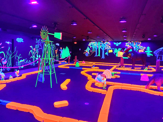 The outdoor adventure theme comes alive under ultraviolet lights, creating a wilderness experience without the mosquitoes or weather concerns.