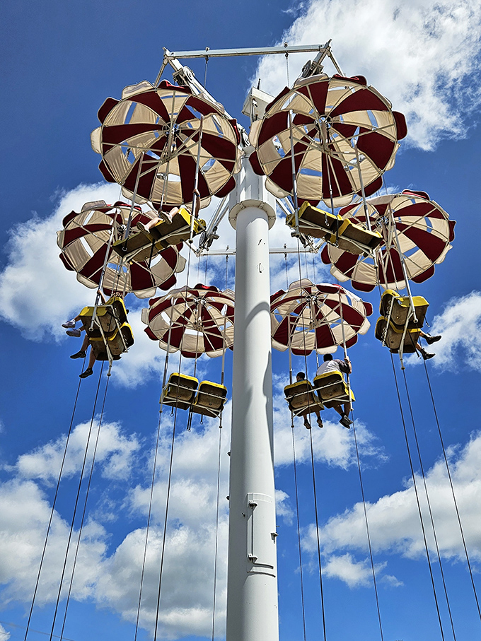The parachute ride &ndash; where everyone pretends they're not checking the safety mechanisms while enjoying the gentle float downward.