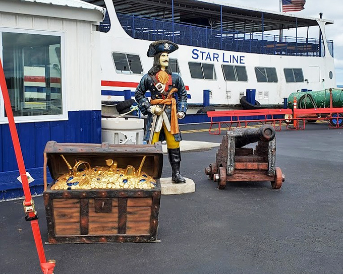 This guardian of treasure stands watch at the dock, giving visitors a taste of the piratical adventures that await aboard the Good Fortune.