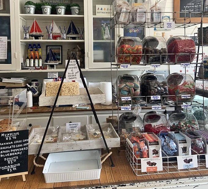 Freshly baked goods and colorful candies tempt shoppers from behind the pristine display case.