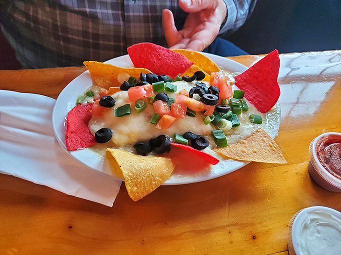 The taco salad arrives like edible art &ndash; crisp tortilla chips framing a colorful medley of toppings that's as beautiful as it is delicious.