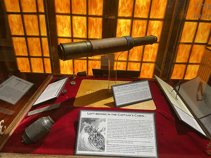 This antique telescope once searched for shipwrecks. Now it just judges modern tourists in flip-flops and Hawaiian shirts.