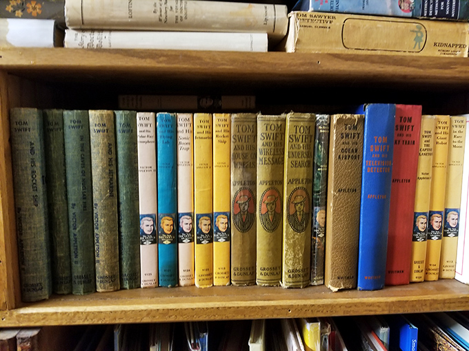 Tom Swift adventures stand at attention, their vintage spines a colorful time machine to childhoods past and simpler technological dreams.