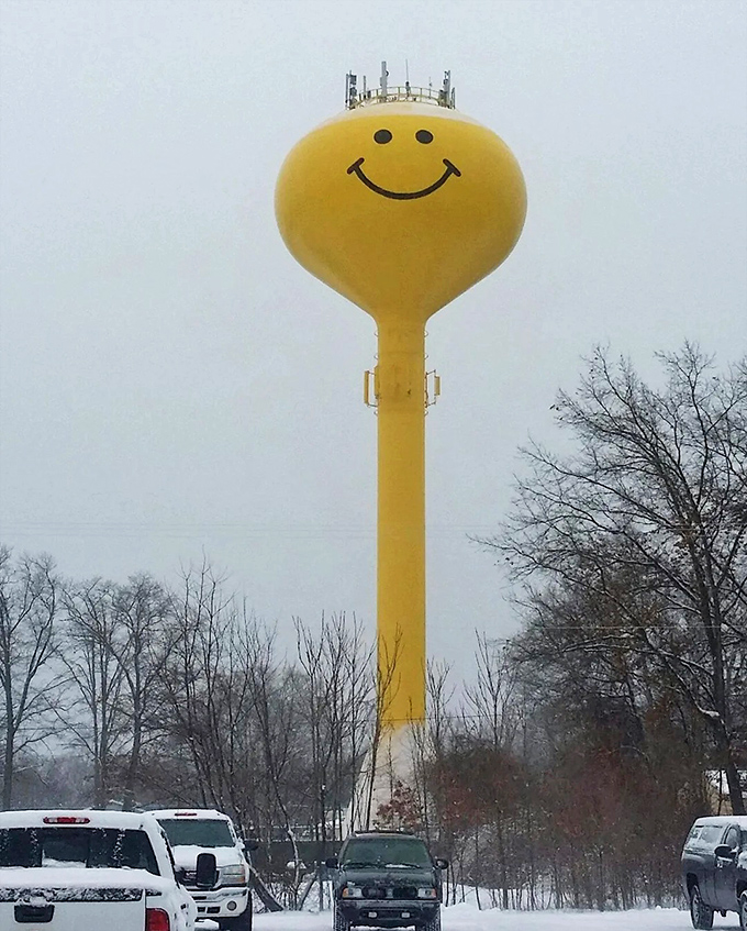 Even in winter's grip, the tower's sunny disposition refuses to dim, a splash of warmth against Michigan's snowy landscape.
