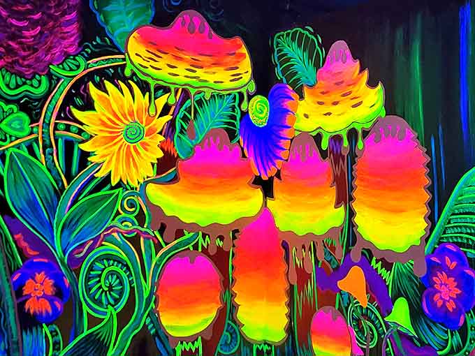 UV-Reactive Blacklight Art These technicolor mushrooms and flowers create an alien landscape that Alice herself would find curiouser and curiouser.