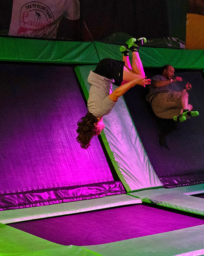 Defying physics and adult dignity &ndash; visitors discover that trampolines transform ordinary jumps into extraordinary aerial feats.
