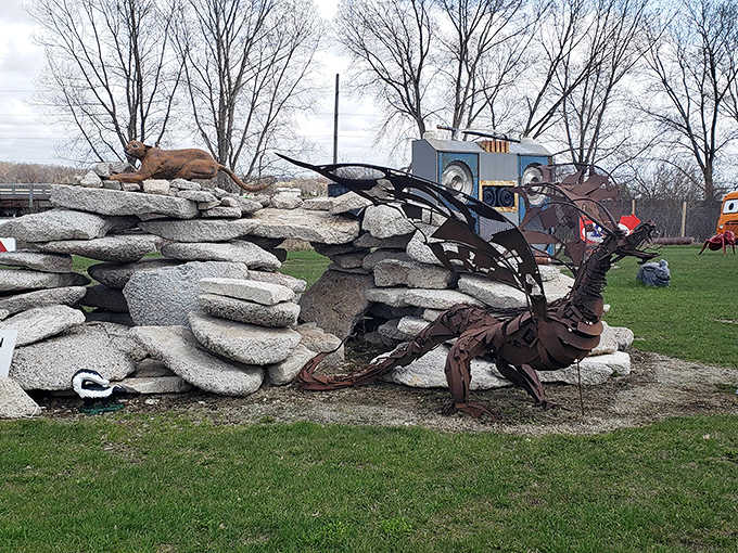 Metal meets imagination in this sculptural wonderland where dragons, mountain lions, and stone formations create an artistic ecosystem all their own.