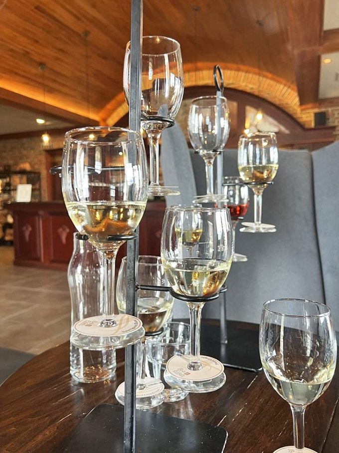 Vertical delights: The innovative wine tower presentation allows guests to compare different varieties side by side in an elegant, conversation-starting format.