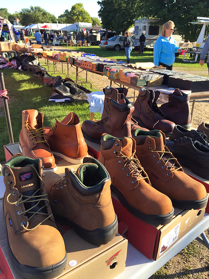 Boot bonanza! These sturdy work boots lined up like soldiers are ready for their second life of adventures with new owners.