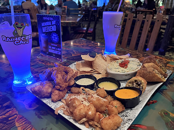 This appetizer platter offers more variety than most restaurants' entire menus, proving that sometimes more really is more.