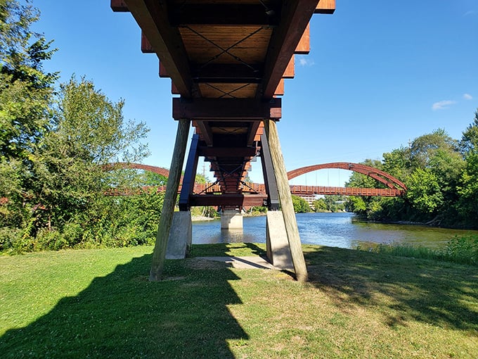 Looking up from below reveals the impressive engineering that makes this triple-span wonder possible, each beam precisely placed with both function and beauty in mind.