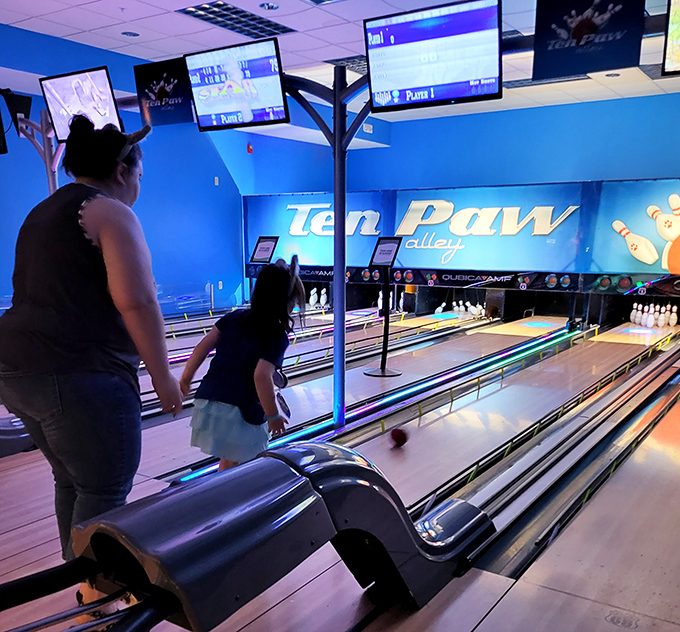 Ten Paw Alley's gleaming lanes invite bowlers of all skill levels to try their hand at knocking down pins without the dreaded rental shoes.