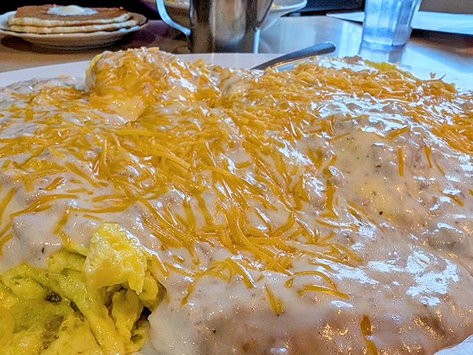 Cheese cascades across this omelet like a dairy waterfall, creating the perfect golden landscape for breakfast adventurers.