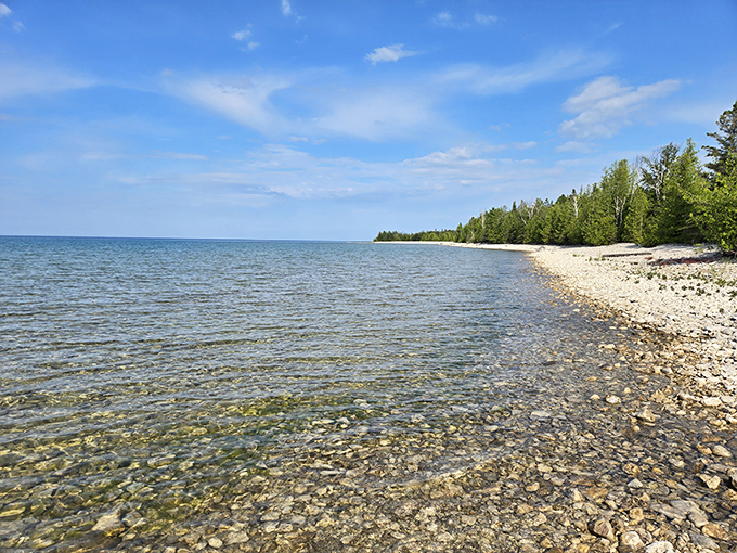 Crystal clarity: Lake Huron's transparent waters reveal a pebbled underwater landscape, inviting visitors to wade into nature's own infinity pool.