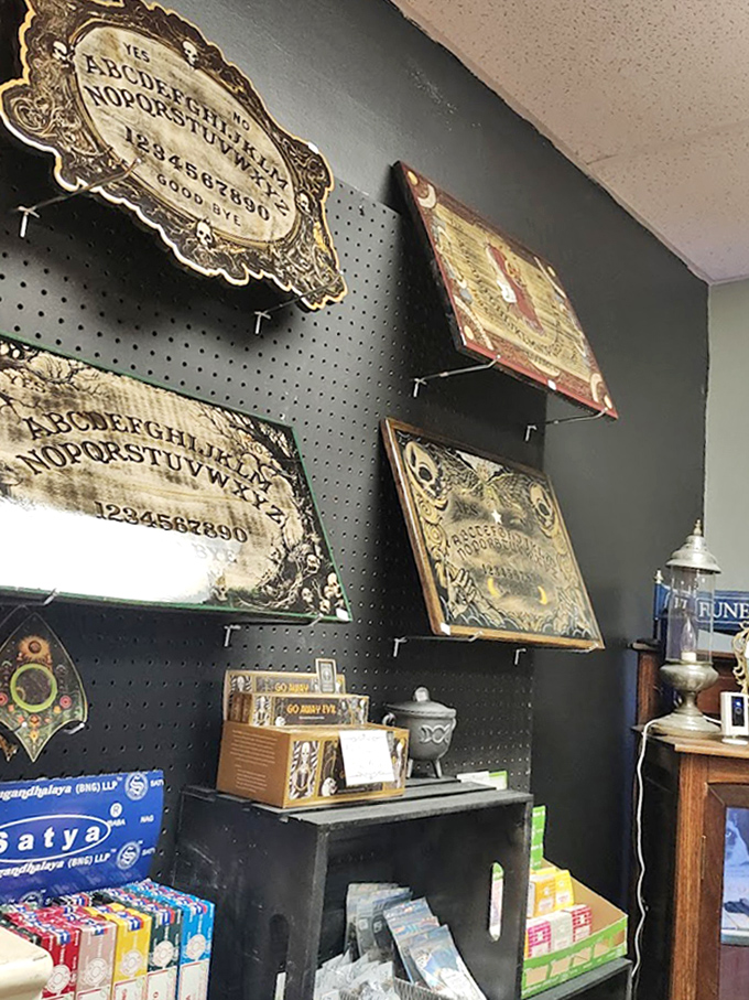 Vintage Ouija boards and spirit communication devices from an era when contacting the beyond was parlor entertainment.