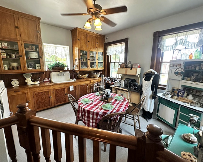 Step back in time in the keeper's kitchen, where the checkered tablecloth and vintage appliances whisper stories of family meals past.
