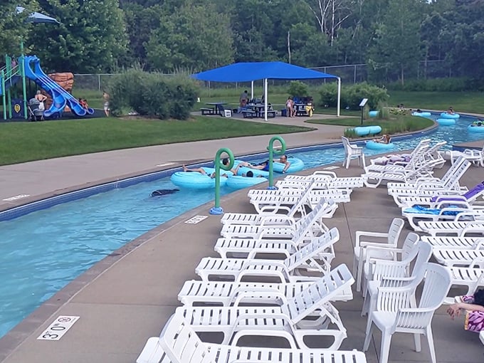 White lounge chairs line the pristine pools, inviting sun-seekers to alternate between cooling dips and warming rays.