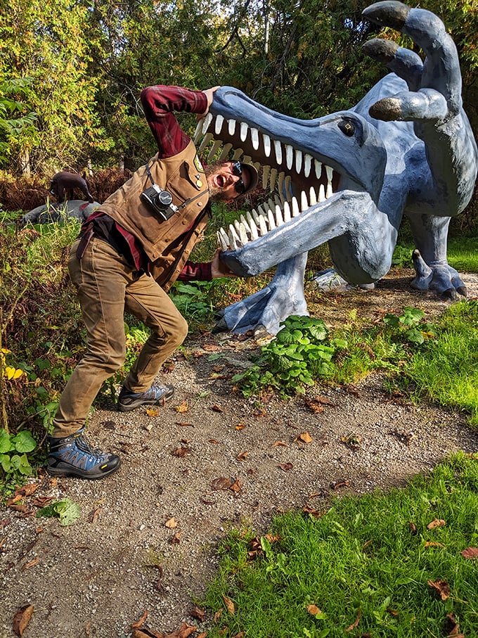 Nothing says "I survived Jurassic Michigan" quite like pretending to be lunch for a blue dinosaur with dental issues.