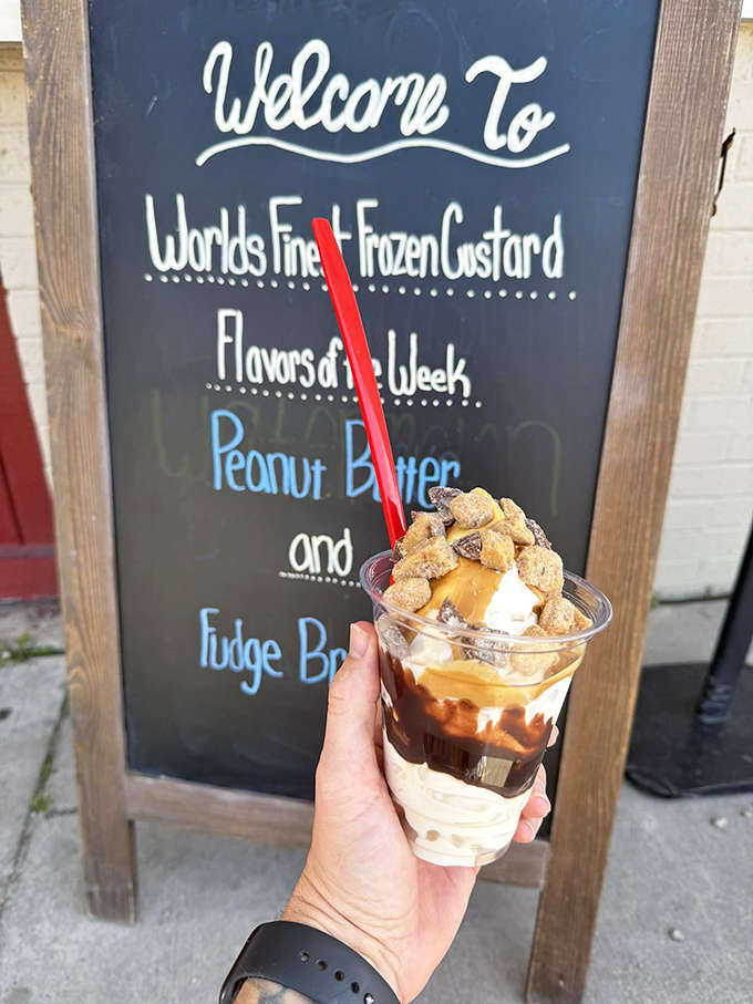 Peanut butter and fudge brownie custard &ndash; where smooth meets chunky in a dessert liaison so perfect it should probably have its own romance novel cover.