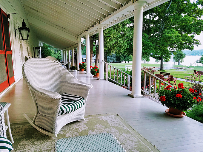 Rocking chairs on the wraparound porch become time machines where hours disappear pleasantly – Michigan's version of meditation with a lake view.