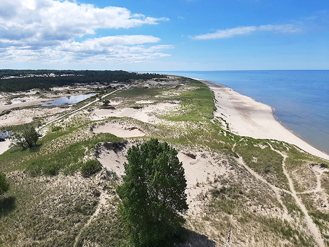 Lake Michigan's shoreline stretches like nature's infinity pool, where land and water play an endless game of tag with each incoming wave.