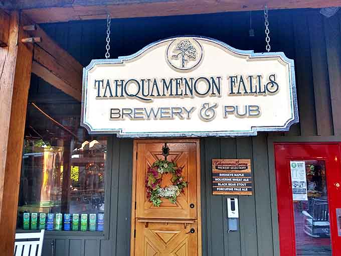 The brewery's sign hints at the refreshing pints waiting inside. After a day of exploring, nothing beats settling in at this cozy pub near Michigan's most famous waterfall.