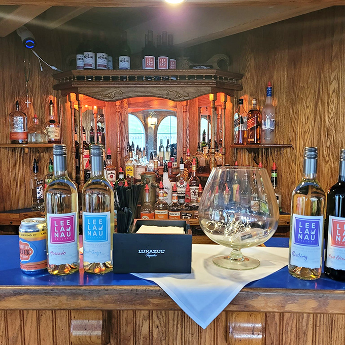 Behind the bar, premium spirits await thirsty detectives needing liquid courage before making their final accusations.