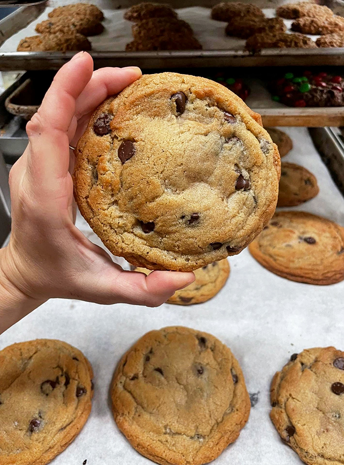 Chocolate chip cookies the size of small planets, with that magical crisp-edge-to-chewy-center ratio that cookie scientists have been trying to perfect for centuries.