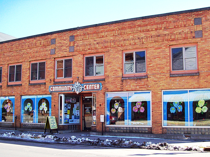 Colorful window displays brighten the Copper Country Community Arts Center, where local creativity flourishes year-round.