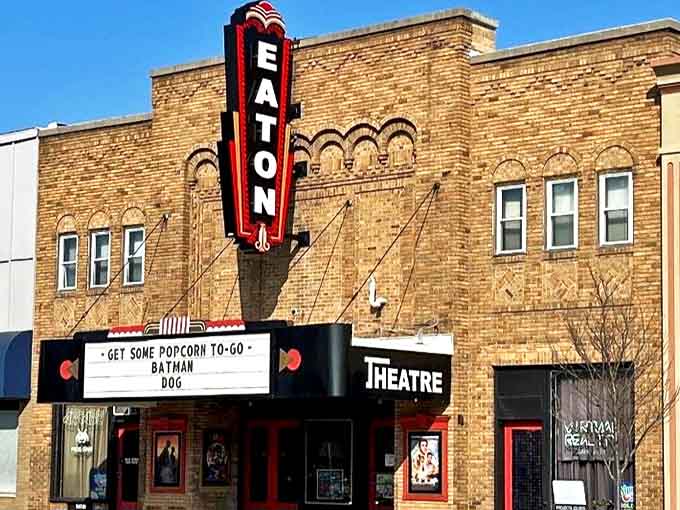 The Eaton Theatre's vintage marquee glows with nostalgic charm, promising movie magic in a setting where your grandparents might have shared popcorn.