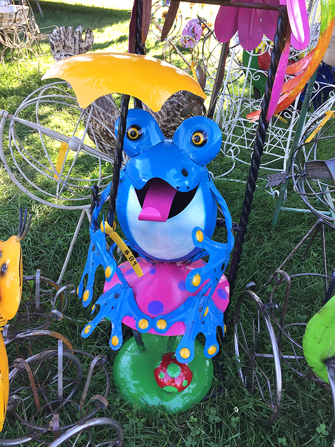 This whimsical blue frog garden ornament proves that at the Swappers Meet, even the strangest items find their forever homes.