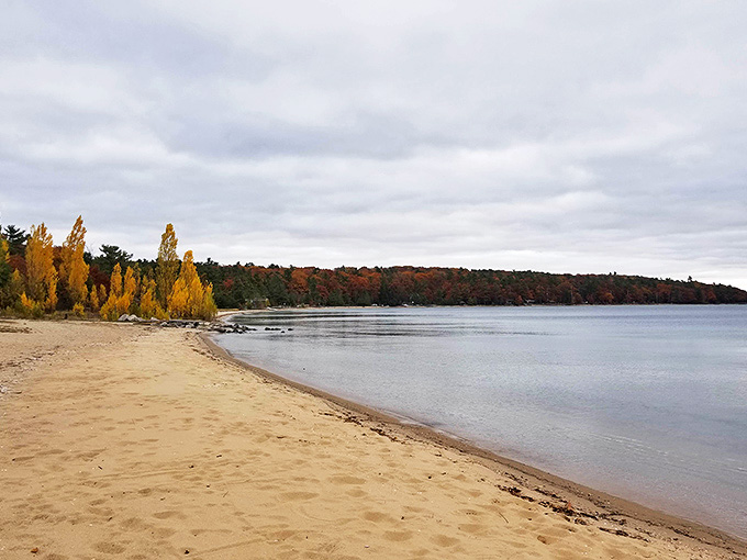 Autumn transforms Haserot Beach into a painter's palette, where fiery trees frame waters that grow deeper blue as summer fades.