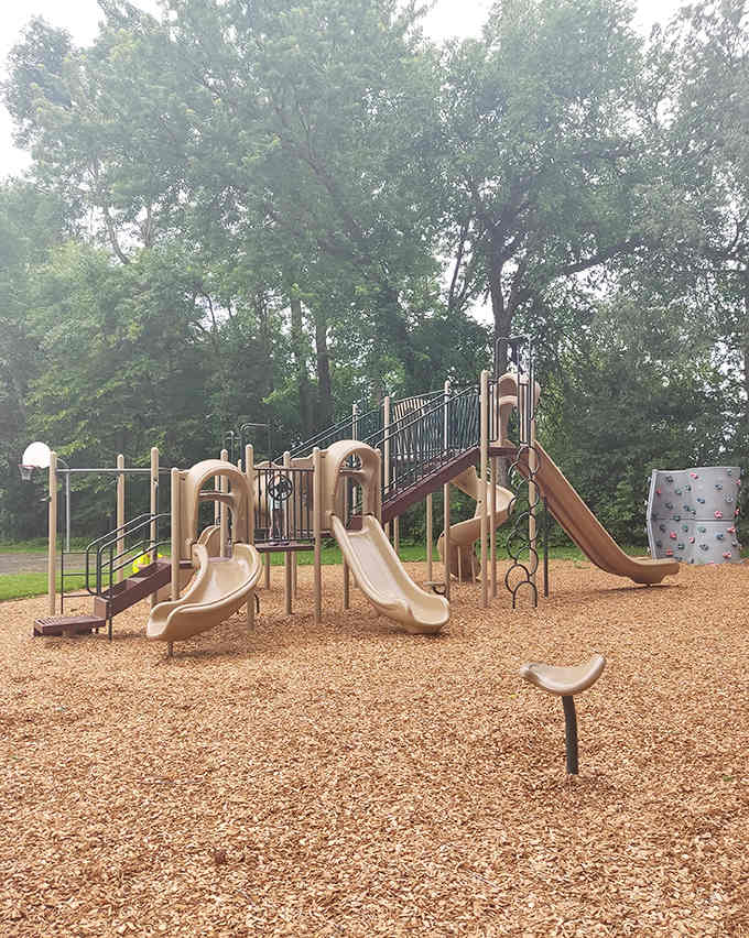 Modern playground equipment invites children to climb, slide and imagine, while wood chips cushion inevitable tumbles and jumps.