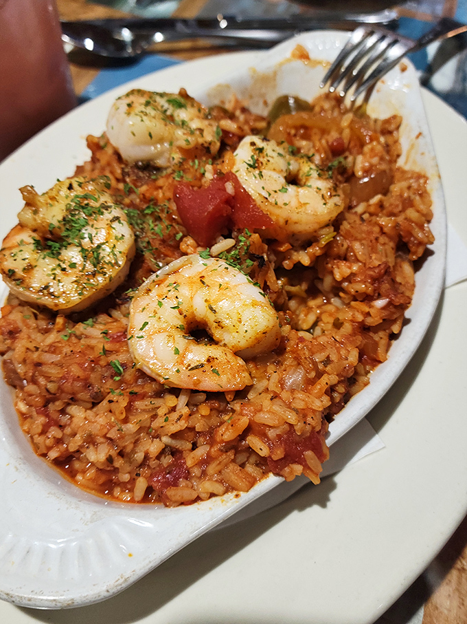 Jambalaya that would make New Orleans proud &ndash; plump shrimp nestled in spicy rice like tasty treasures waiting to be discovered.