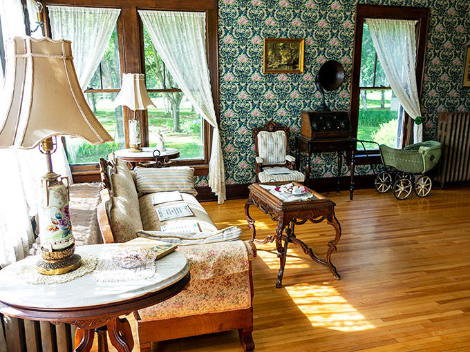 Sunlight streams through lace curtains in this cozy living room, where it's easy to imagine young Judy practicing songs that would one day make her famous.