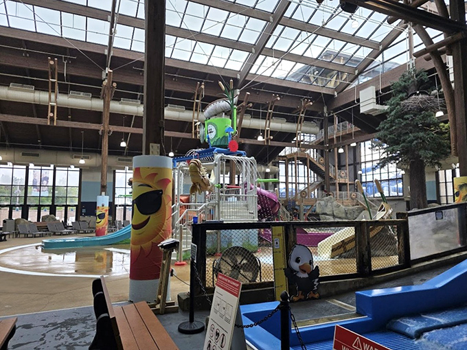 Soaring ceilings and splashing fun create an atmosphere of perpetual summer under this impressive timber-framed waterpark paradise.