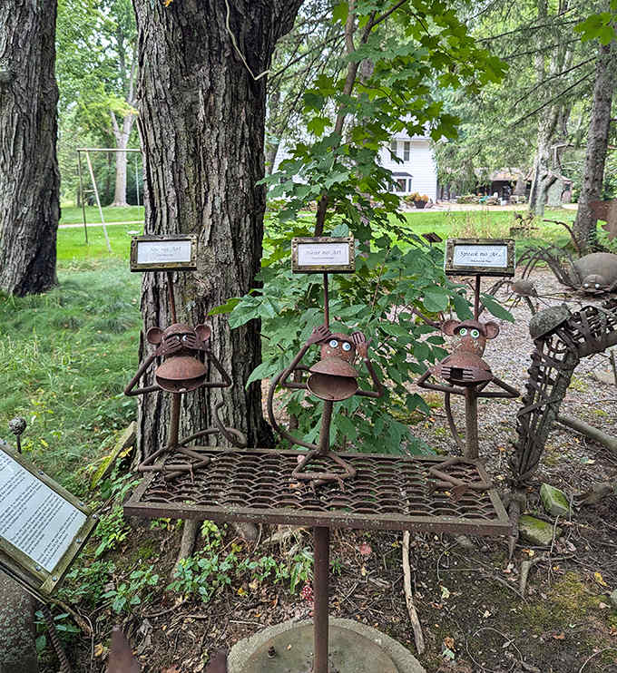 These charming metal monkeys remind us that sometimes the best policy is "Didn't Hear It, Didn't See It, Won't Talk About It."