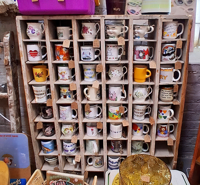 This charming display of vintage mugs could tell stories of morning coffees spanning several decades.