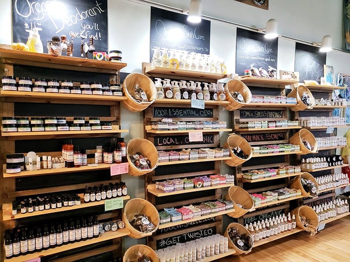 The apothecary wall offers natural remedies and handcrafted soaps that smell like a woodland fairy's bathroom.