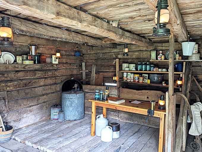 This rustic cabin interior shows that "open concept" meant something very different before HGTV existed.