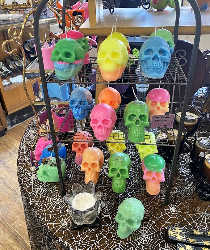 A rainbow of skull candles transforms the traditional memento mori into a celebration of color that would brighten any room.