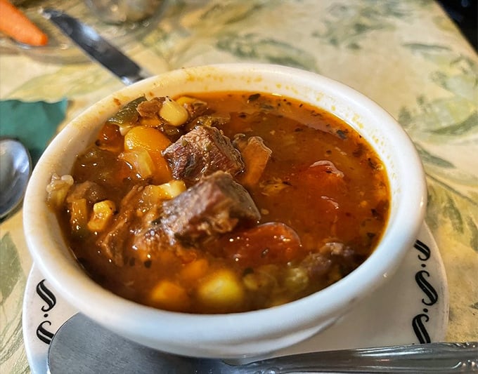 Hearty beef vegetable soup that warms from the inside out – chunks of tender meat swimming alongside vegetables in liquid gold.