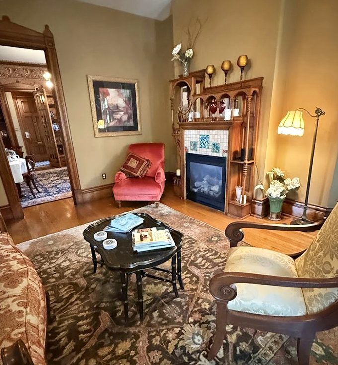 Victorian Parlor Lounge: Antique furnishings and rich textures invite deep conversation or contemplative silence in a room that whispers tales of bygone elegance.