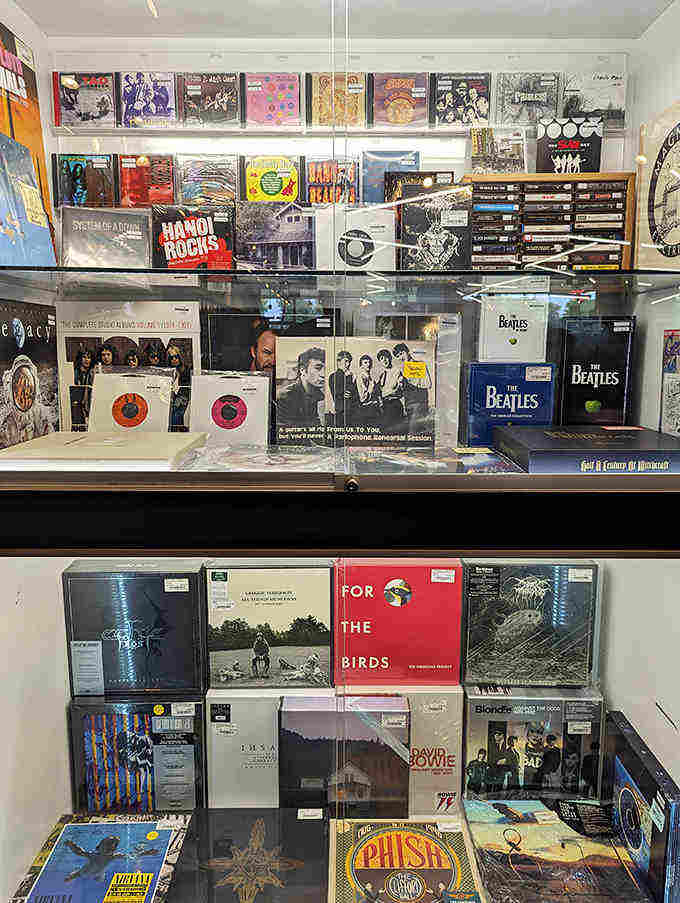 Vinyl records and CDs coexist peacefully in this musical sanctuary, where The Beatles share space with modern indie darlings.